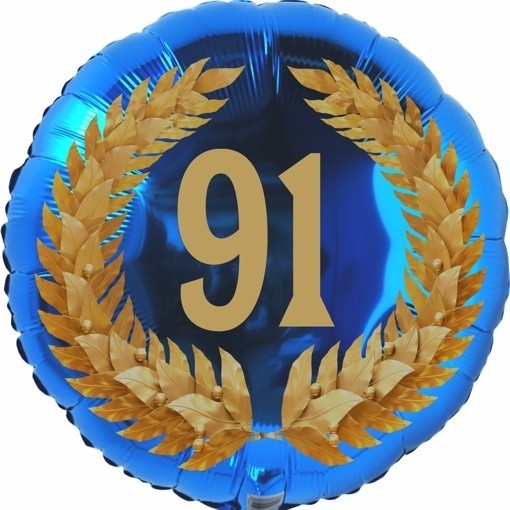 Luftballon aus Folie, 91. Geburtstag, Lorbeerkranz Zahl 91, ohne Helium ...