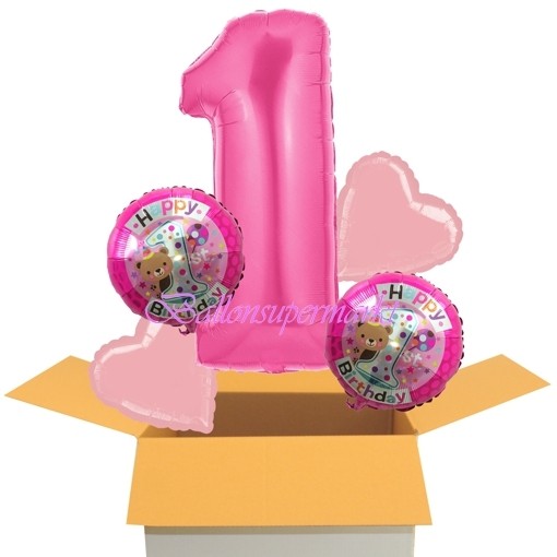 5 Luftballons zum 1. Geburtsatg, pink, Happy 1st Birthday, Folienballon ...