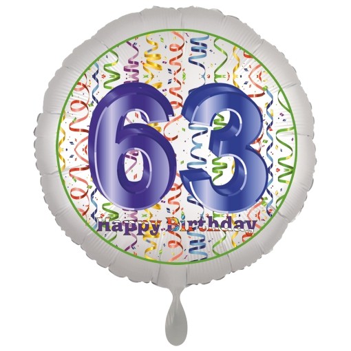 Luftballon aus Folie, Satin Weiß 45 cm rund, Happy Birthday zum 63 ...