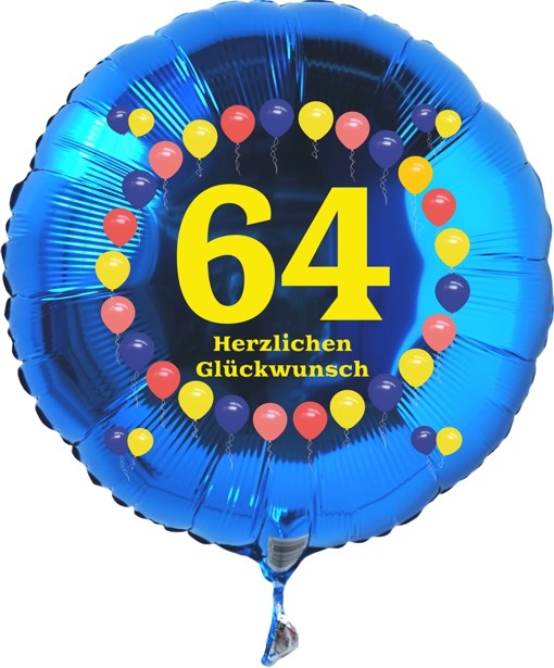 Folienballon 64. Geburtstag Balloons Blau, Folienballon mit Helium
