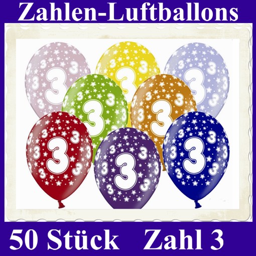 Luftballons Zahl 3 zum 3. Geburtstag / gemischte Farben, 30cm, 50 Stück