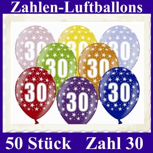 Luftballons Zahl 30 zum 30. Geburtstag / gemischte Farben, 30cm, 50 ...